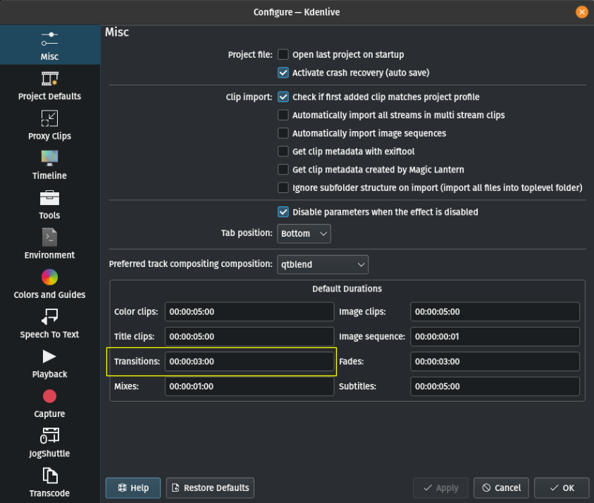 Configuring the Default Transition Duration — Kdenlive Manual 25.08 說明文件
